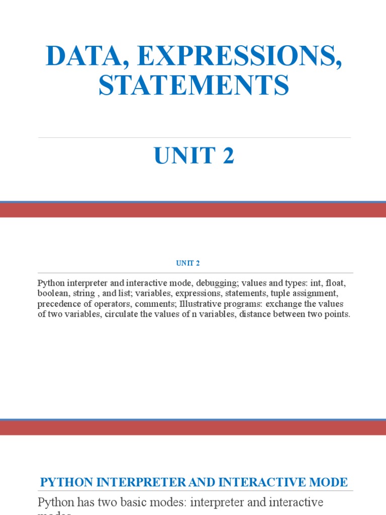 Unit 2 - DATA, EXPRESSIONS, STATEMENTS | PDF | Data Type | Variable ... Unit 2 - DATA, EXPRESSIONS, STATEMENTS | PDF | Data Type | Variable ...
