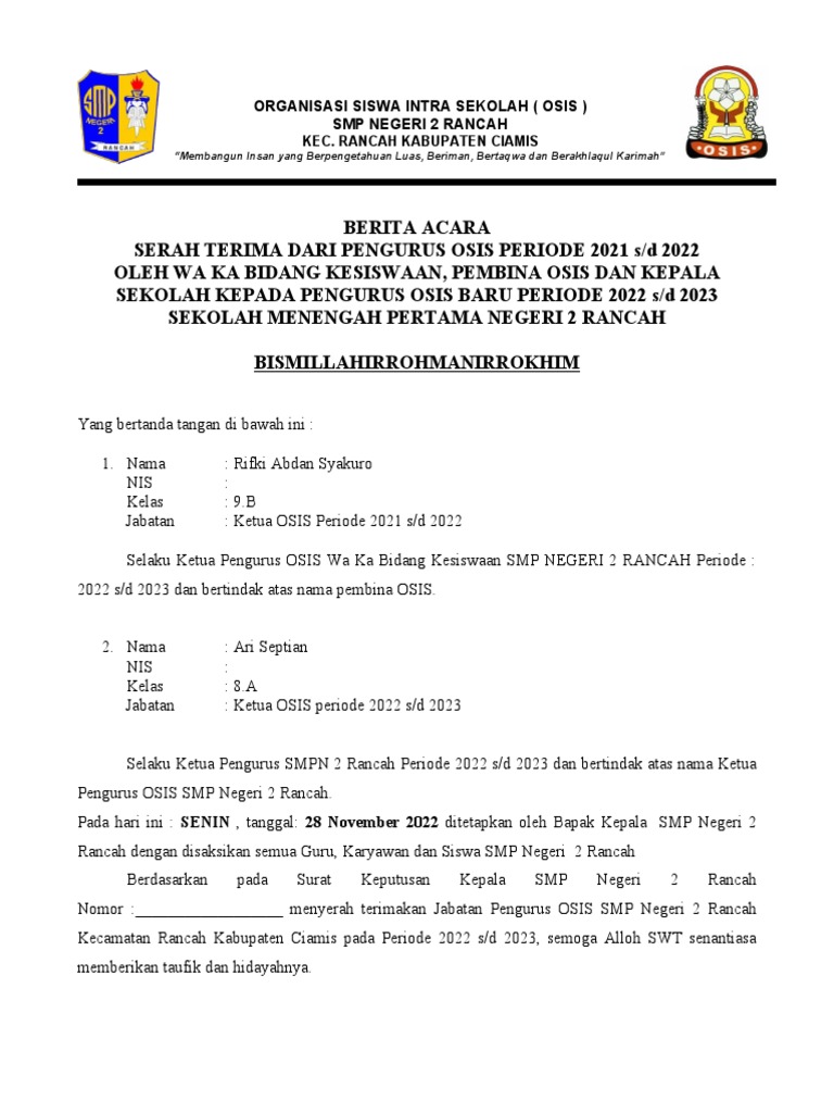 Berita Acara Serah Terima Jabatan Pengurus OSIS SMPN 2 RANCAH 2022-2023 | PDF
