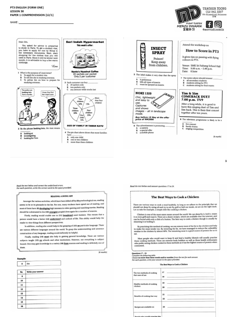 Pt3 English (Form One) Lesson 30 Paper 1 Comprehension (12/1) | PDF