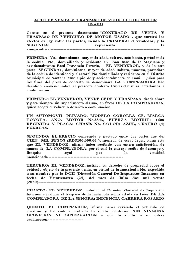 ACTO DE VENTA Y TRASPASO DE VEHICULO Modelo | PDF | Derecho