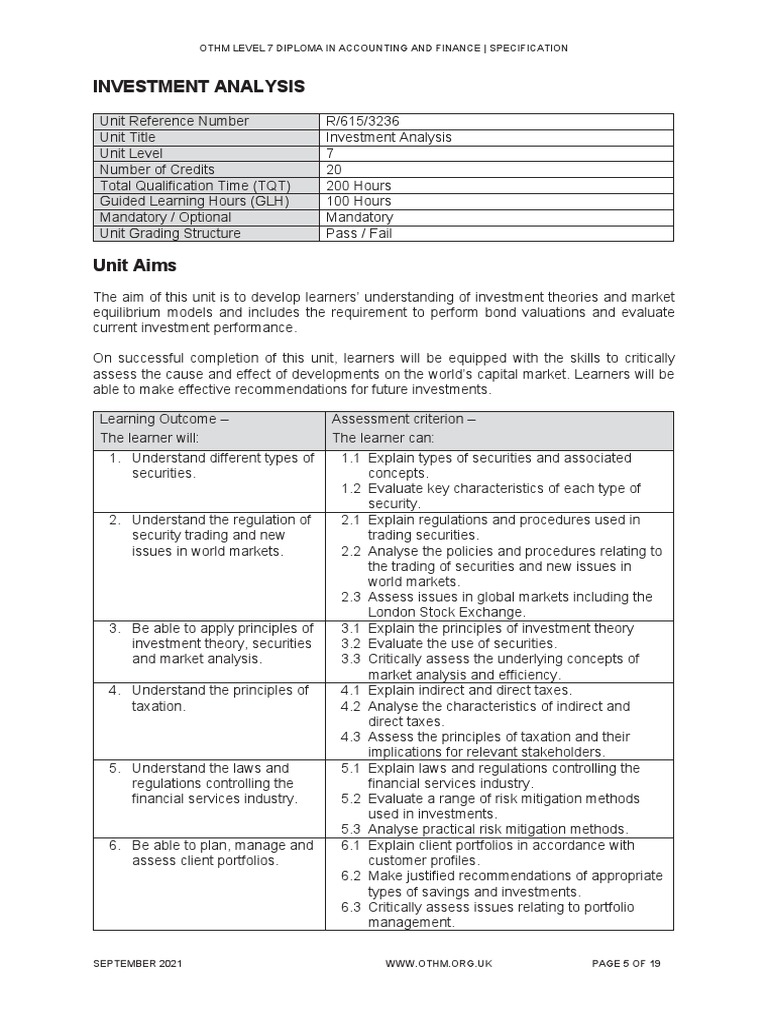 OTHM - PGD A & F - Assignment Brief - Investment Analysis | PDF | Valuation (Finance) | Investing
