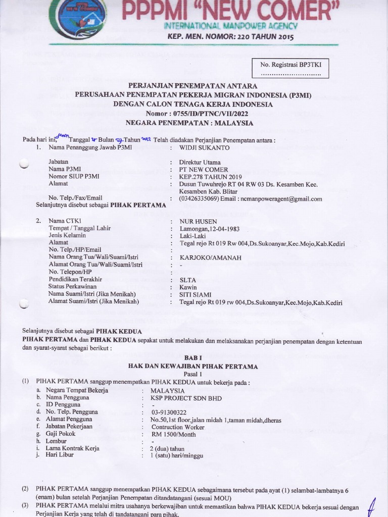 Perjanjian Penempatan TKI ke Malaysia | PDF