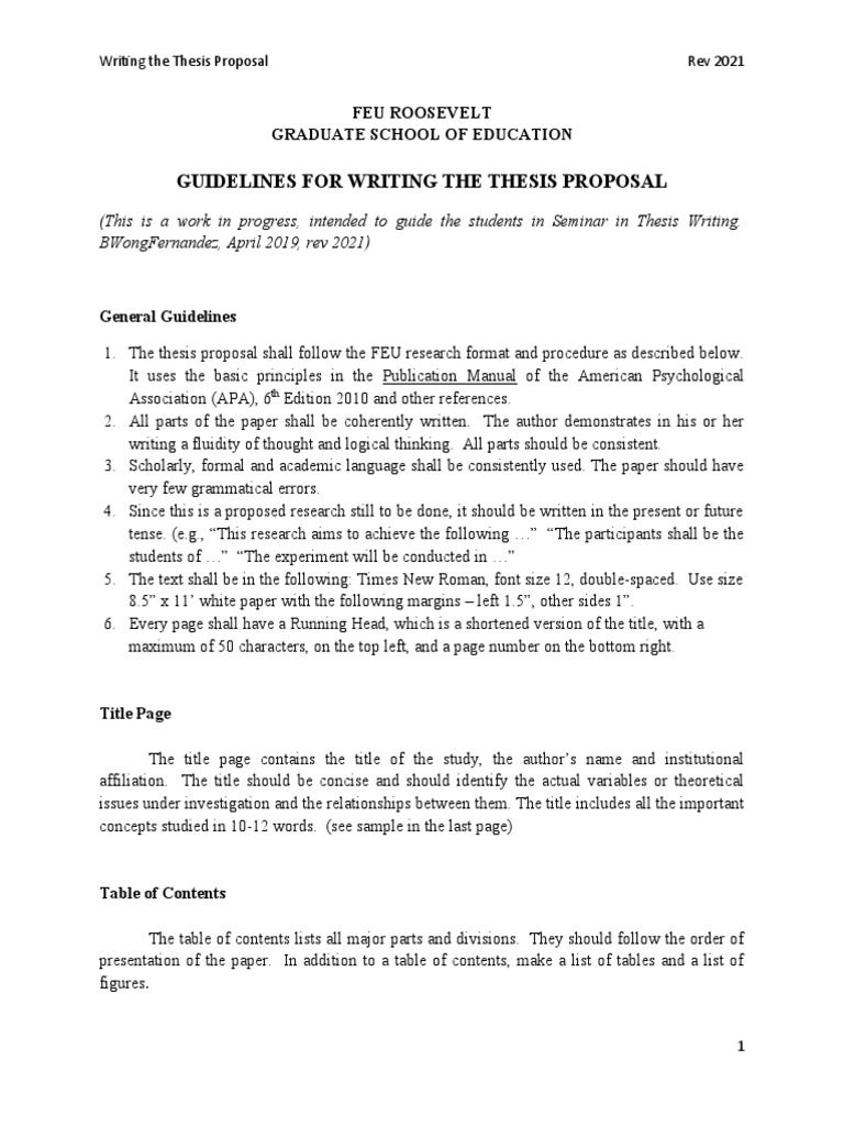 STW Handout 5 - Guidelines For Writing The Thesis Proposal - Rev 2021 ...