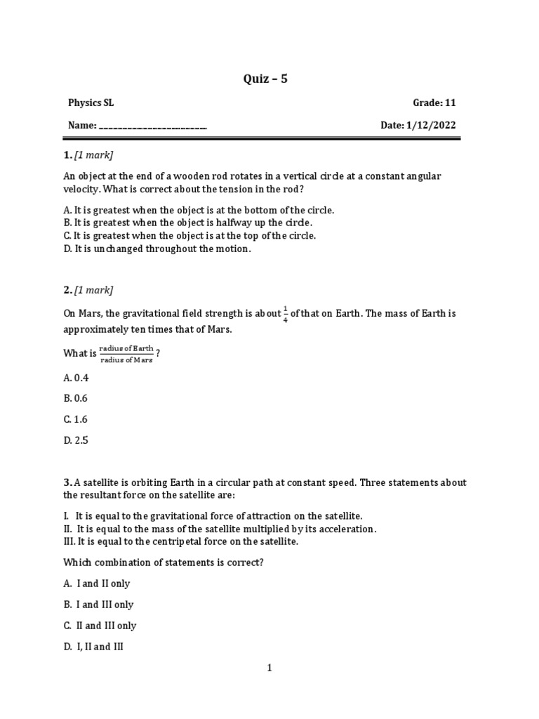 G11 Quiz #6 SL | PDF | Orbit | Acceleration