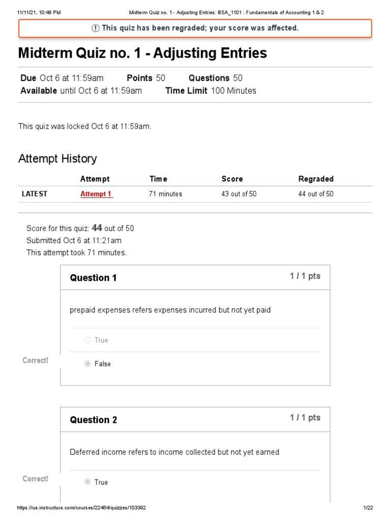 Adjusting Entries Quiz | PDF | Debits And Credits | Expense