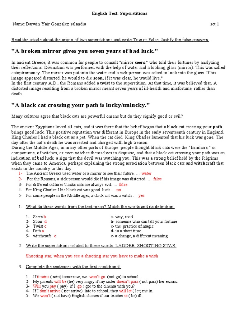 First Conditional Superstitions Reading Comprehension Exercises | PDF