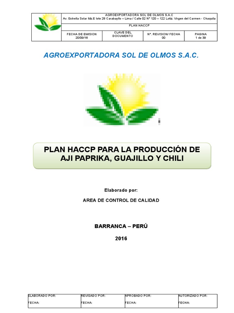 Plan Haccp de Sol de Olmos | PDF | Análisis de Riesgo y Puntos Críticos de Control | Calidad ...