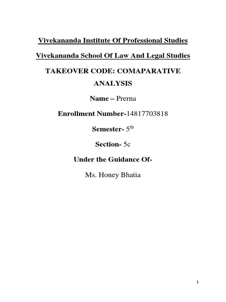Takeover Code Comaparative Analysis | PDF | Takeover | Mergers And Acquisitions