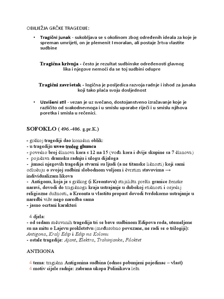 Sofoklo - Antigona - Obilježja Grčke Tragedije | PDF