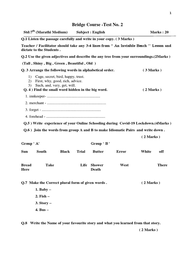 STD 7 TH Test 2 English Bridge Course | PDF