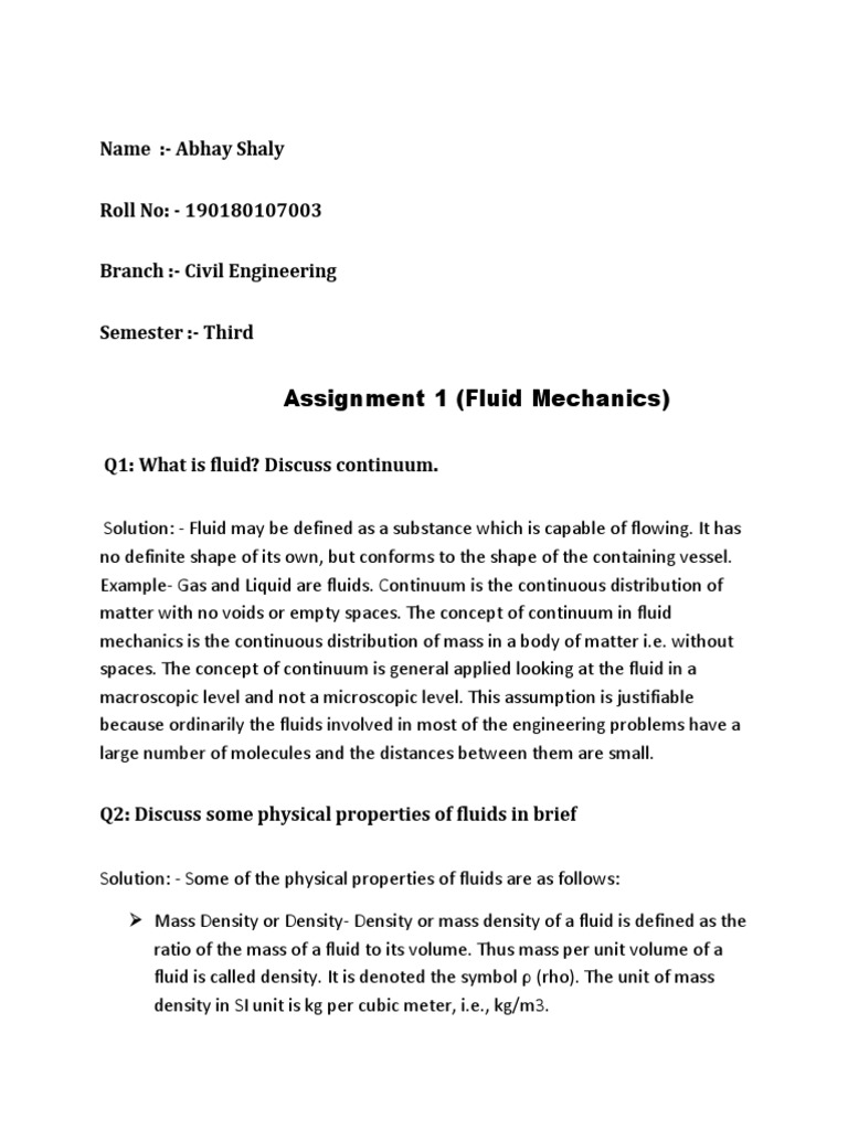 Fluid Mechanics (Assignment 1) by Abhay Shaly | PDF | Viscosity | Liquids