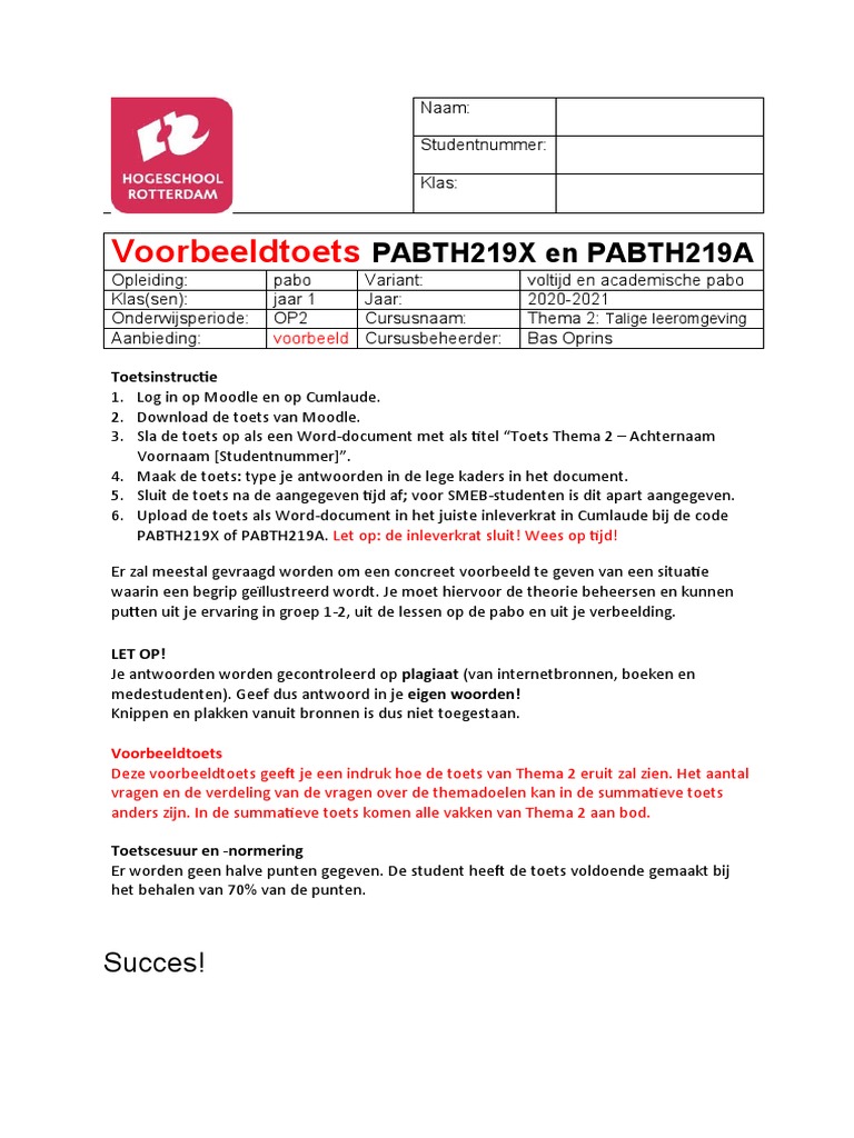 Toets Thema 2 - VOORBEELDVRAGEN TOETS - 2021-2022 | PDF