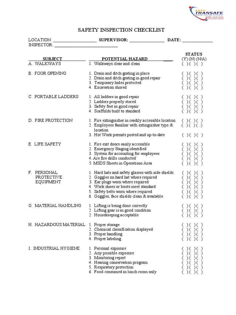 Safety Checklist for Inspectors | PDF | Sanitation | Safety