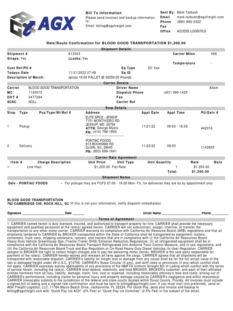 Rate Route Confirmation 613303 1 bc5b23f990 | PDF | Cargo | Truck