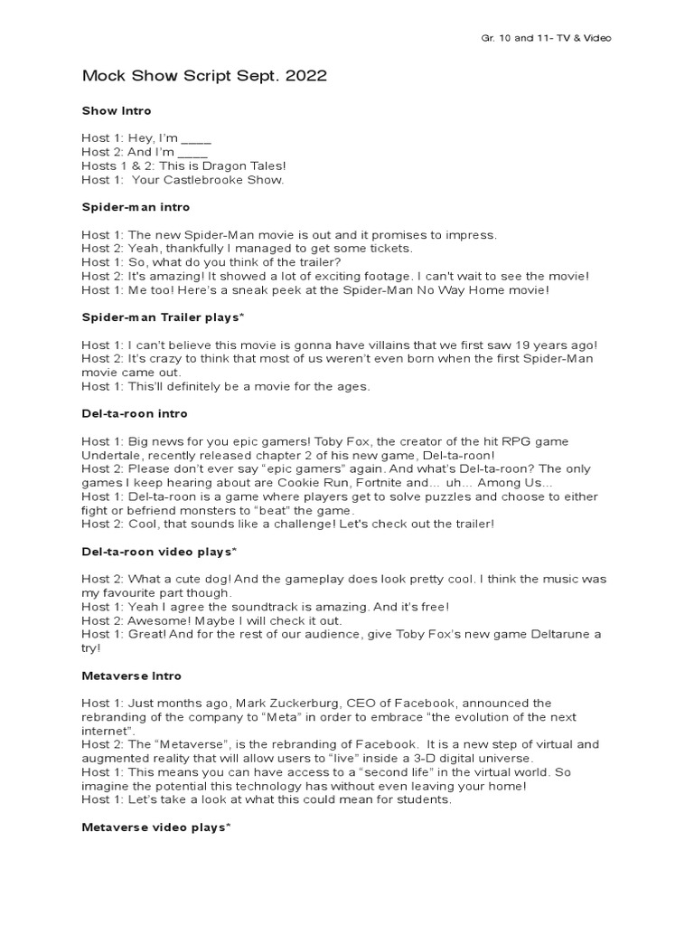 Mock Show Script Sept 2022 | PDF