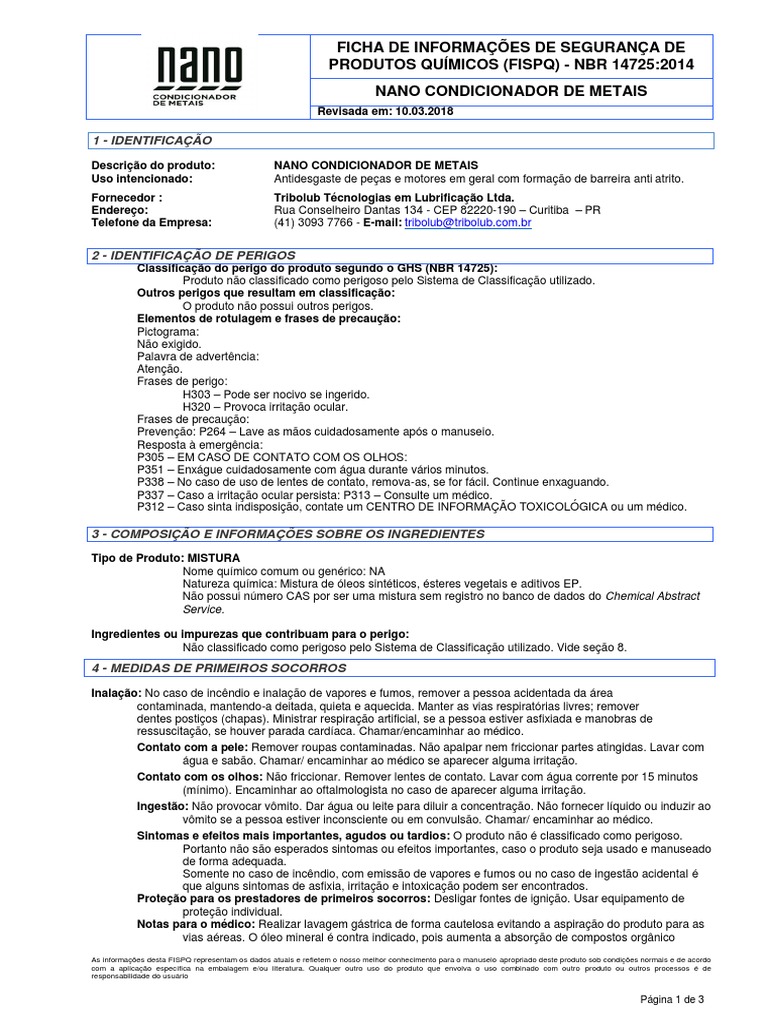 48-FISPQ NANO Condicionador | PDF | Embalagem e rotulagem | Química