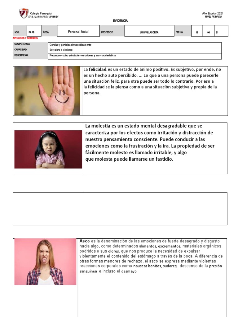 Reconociendo Las Emociones Básicas Felicidad Molestia Asco Y Miedo