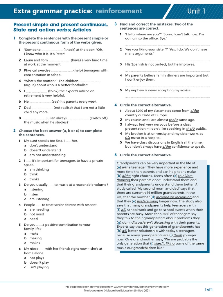B1 U1 Extra Grammar Practice Reinforcement | PDF | Adolescence