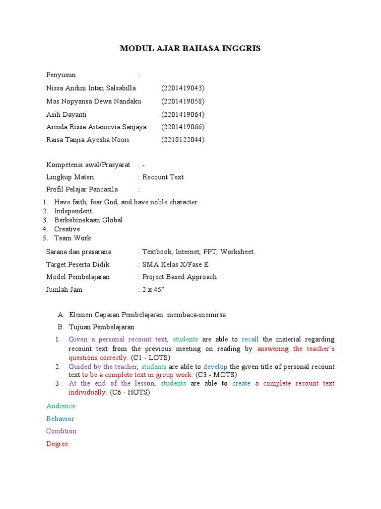 Modul Ajar Bahasa Inggris - Recount Text (Writing) | PDF