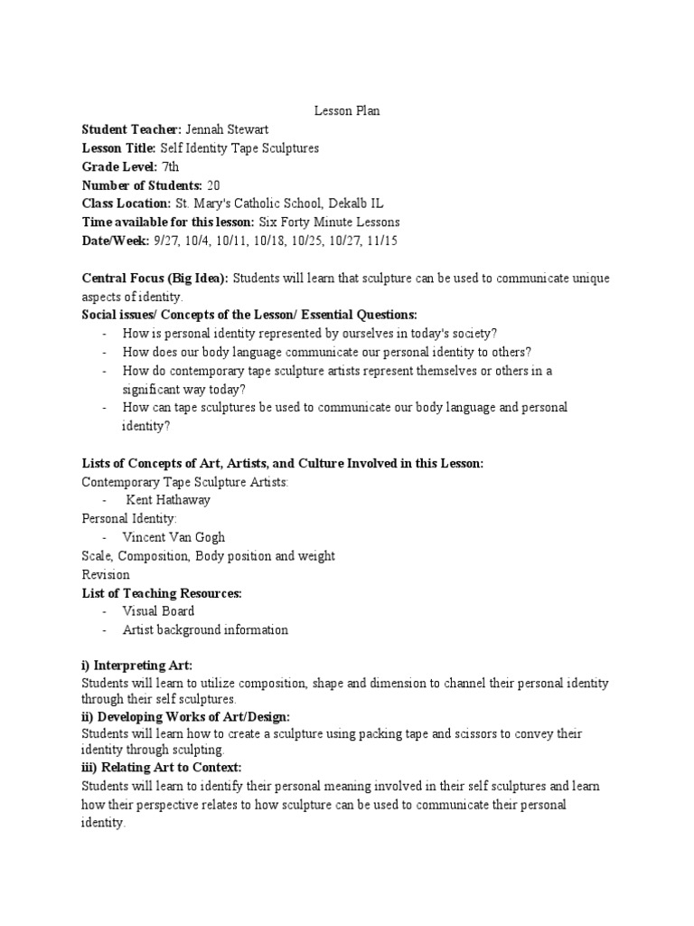 Stewart Long Form Lesson Plan Copy 2 | PDF | Identity (Social Science) | Teaching Method