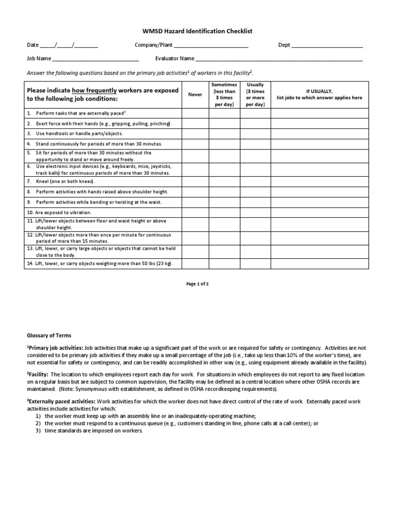 WMSD Hazard Identification Checklist | PDF | Occupational Safety And ...