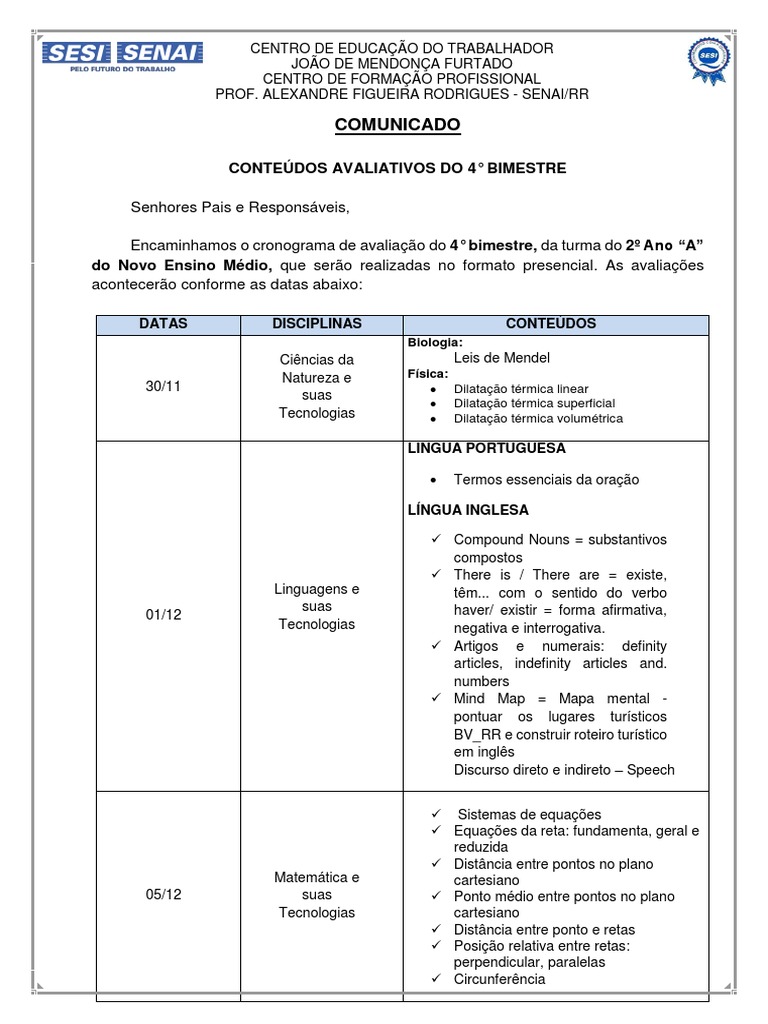 Comunicado Avaliações 4º Bimestre 2º Ano A Nem Pdf