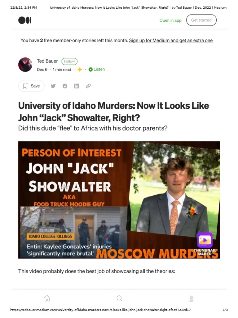 University of Idaho Murders - Now It Looks Like John "Jack" Showalter, Right - by Ted Bauer ...