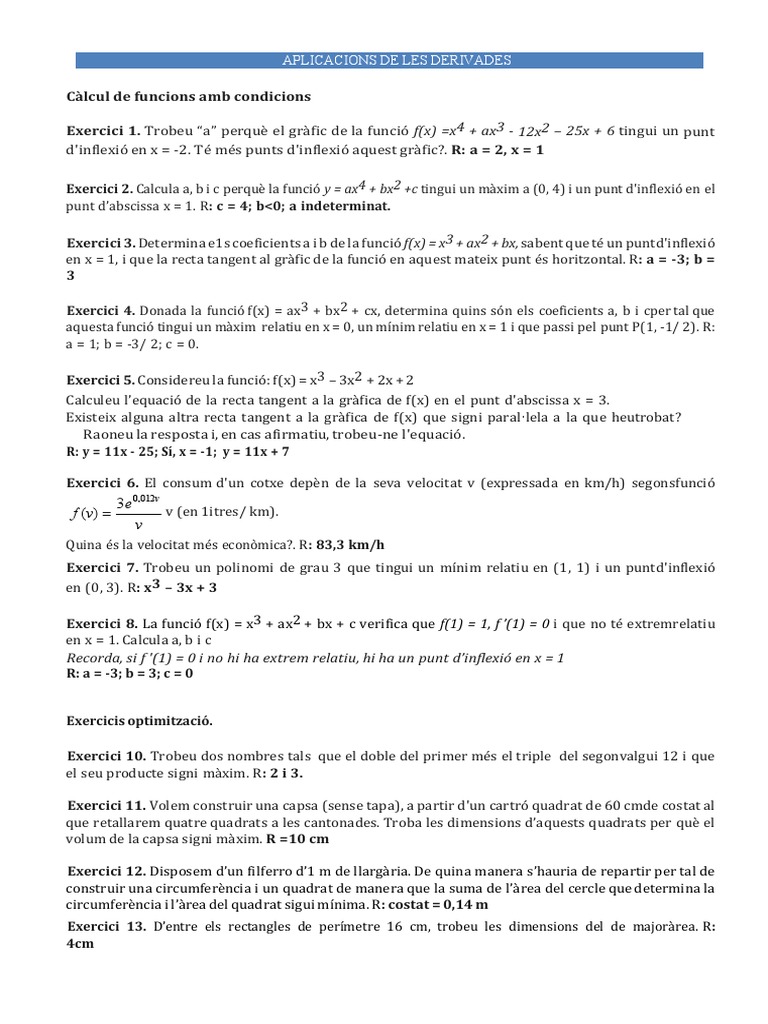 Exercicis Aplicació de Derivades | PDF