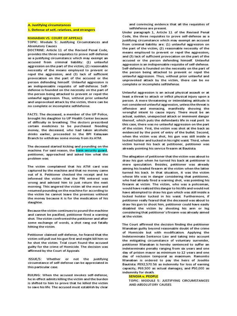 Summary Crim Module 5 | PDF | Self Defense | Burden Of Proof (Law)
