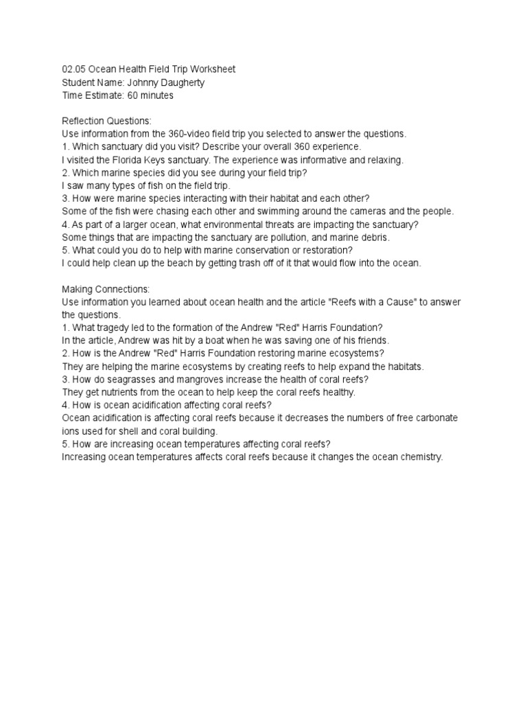 02.05 Ocean Health Field Trip Worksheet | PDF | Science & Mathematics
