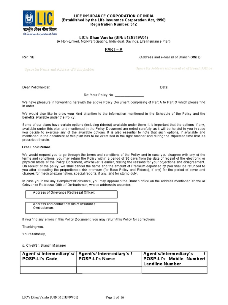Policy Document - LIC S Dhan Varsha | PDF | Insurance | Life Insurance