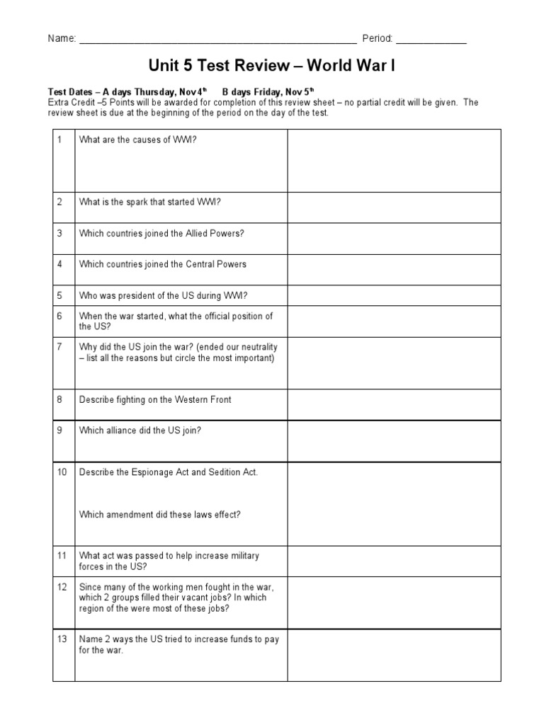 WWI Unit 5 Test Review Guide | PDF