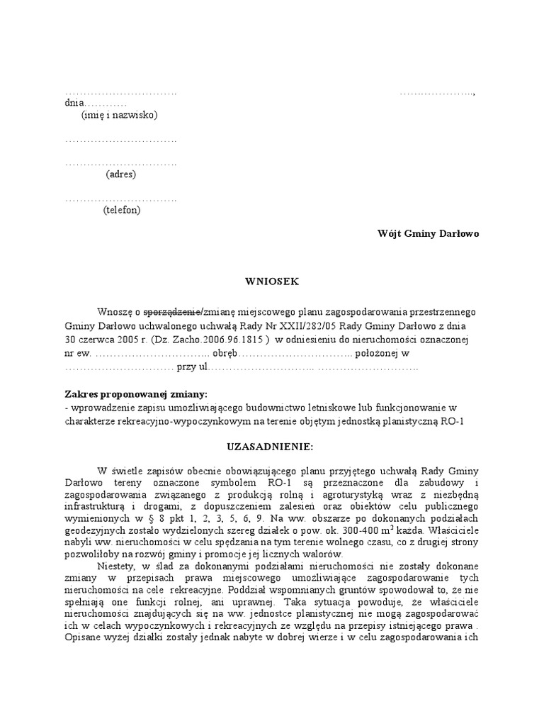 Wniosek o Zmianę Planu | PDF