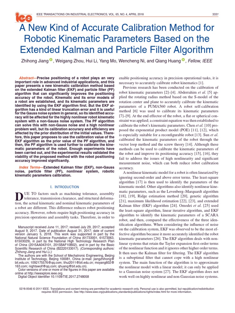 A New Kind of Accurate Calibration Method For Robotic Kinematic EKF and Particle | PDF | Kalman ...