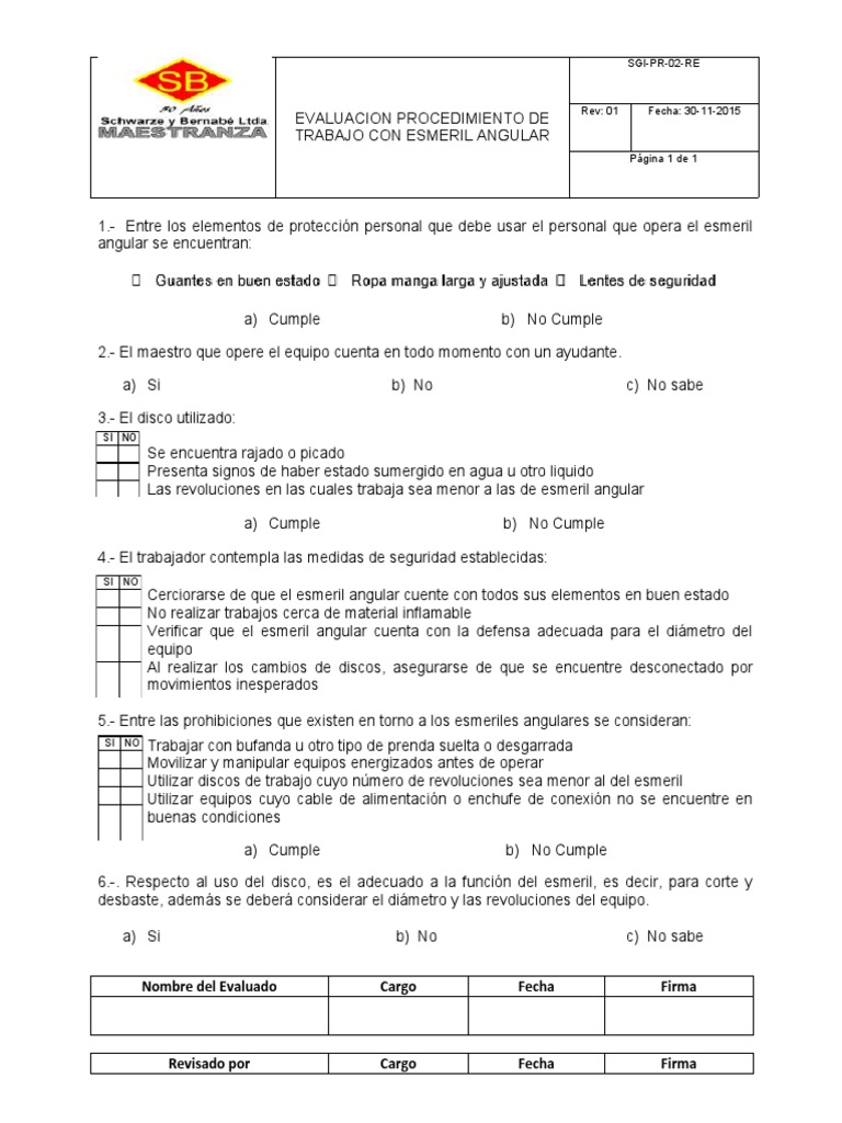 Evaluación Procedimiento de Trabajo Esmeril Angular | PDF