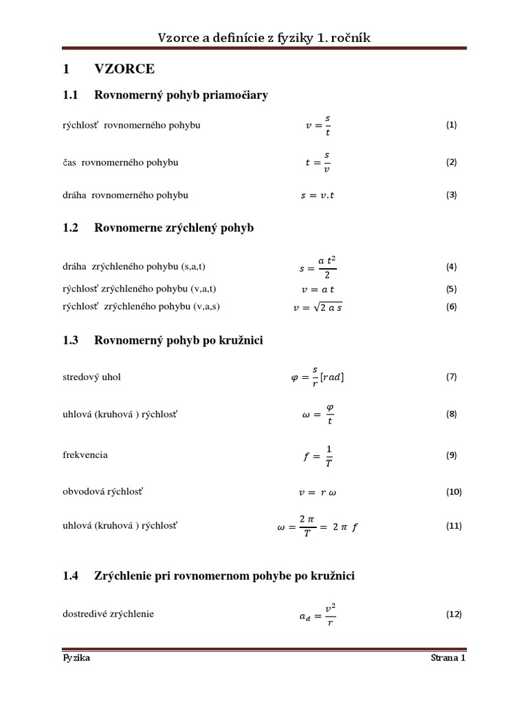 Fyzika Vzorce Pre 1. Ročník SŠ Gymnázium | PDF