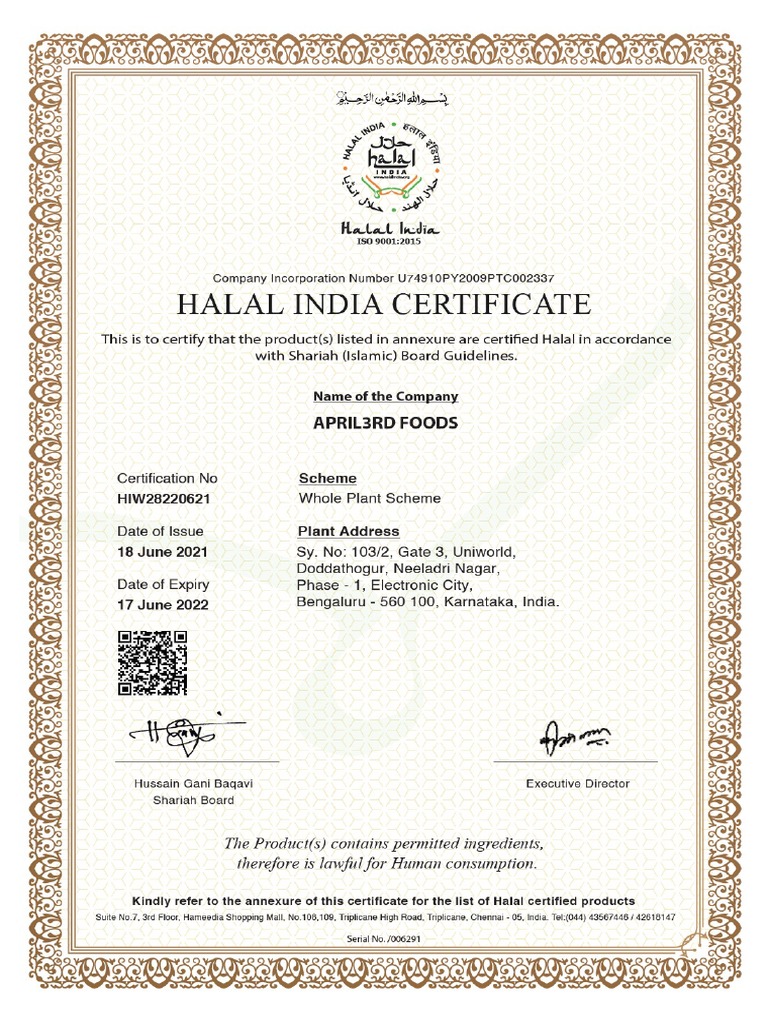 April3rd Foods Halal Certificate | PDF