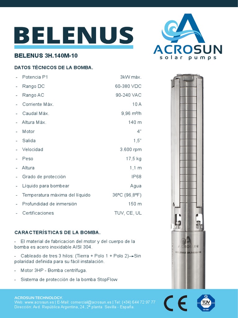 BELENUS 3H.140M-10 Acrosun Bombeo Solar | PDF | Cantidades fisicas ...