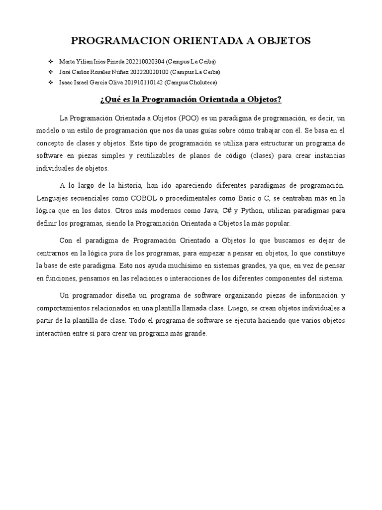 Principios Y Ventajas De La Programación Orientada A Objetos Pdf Objeto Informática
