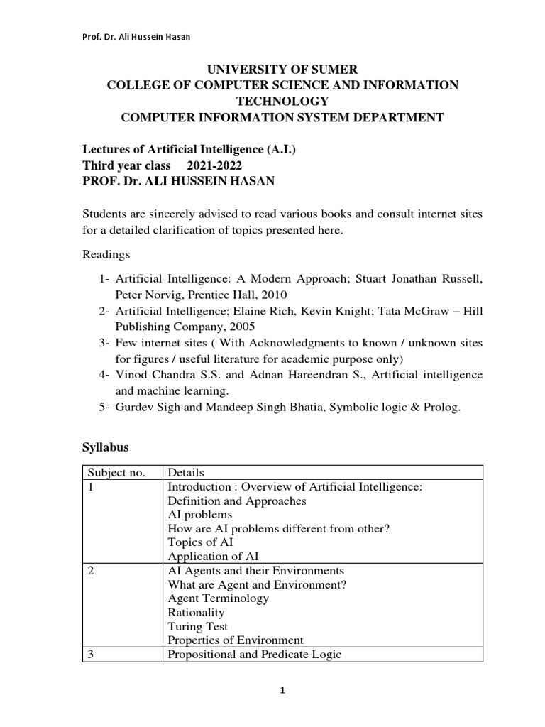 Remarks - AI - LECTURES - DR ALI HUSSEIN HASAN - Upload by Diaa Saed | Download Free PDF ...