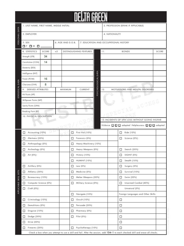 Delta Green RPG Character Sheet Special Forces | PDF