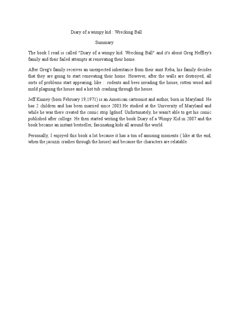 Diary of A Wimpy Kid Wrecking Ball Summary | PDF