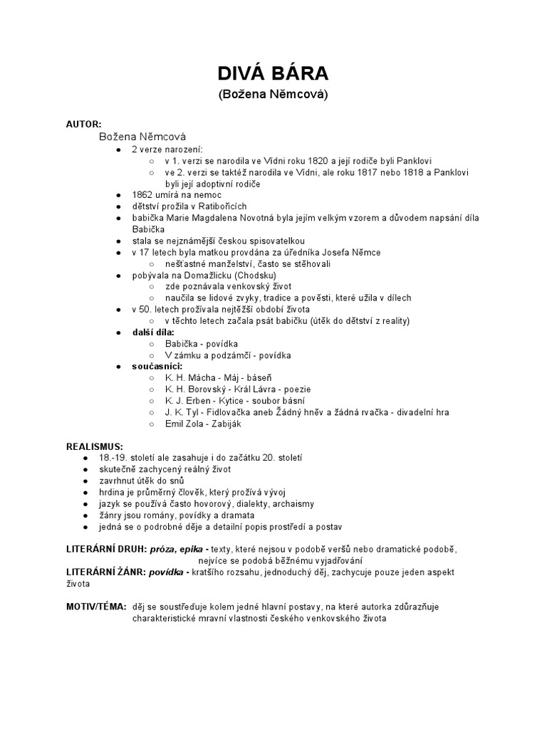 Božena Němcová - DIVÁ BÁRA | PDF