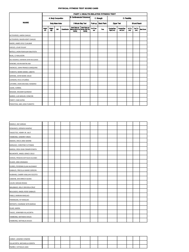 Physical Fitness Test Score Card | PDF | Recreation | Human Body Weight Physical Fitness Test Score Card | PDF | Recreation | Human Body Weight