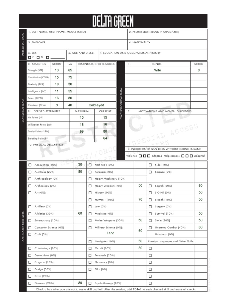 Delta Green RPG Character Sheet (1) SpecialAgent | PDF