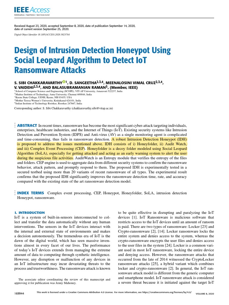 Design Of Intrusion Detection Honeypot Using Social Leopard Algorithm To Detect Iot Pdf
