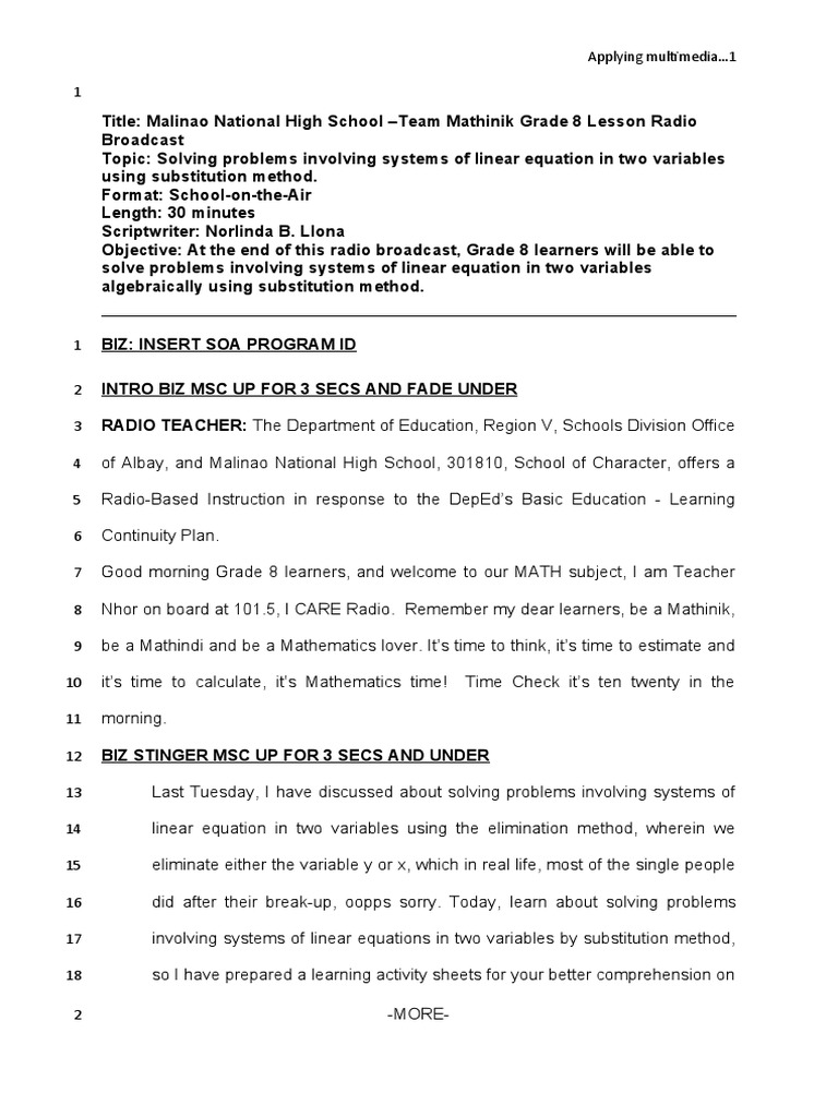 Solving Problems Involving Systems of Linear Equations in Two Variables Using Substitution ...