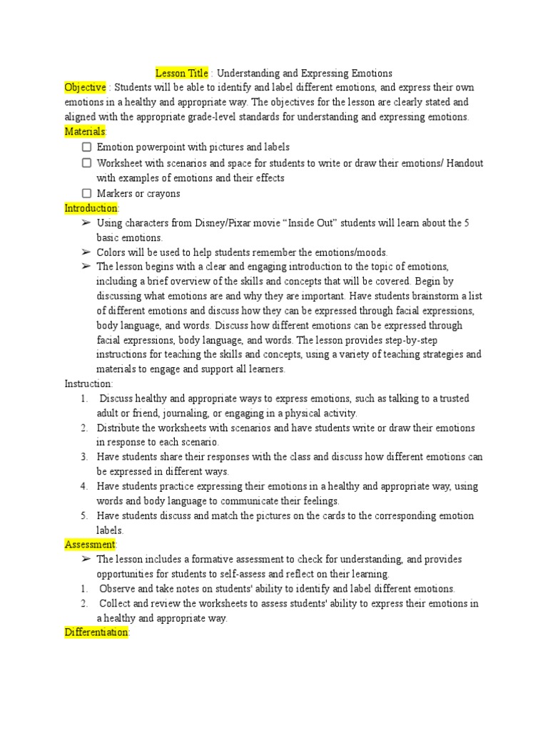 Emotions Lesson Plan | PDF | Emotions | Learning