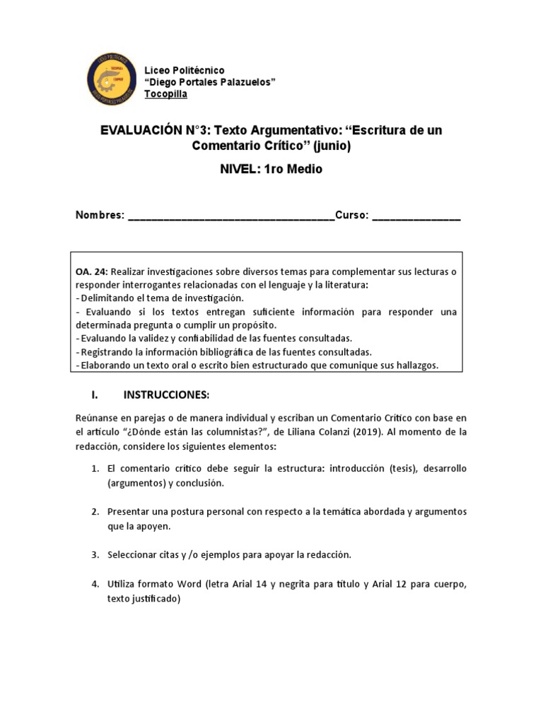 Rúbrica Comentario Crítico, 1ro Medio (Junio) | PDF