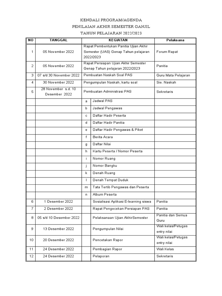 Jadwal dan Kegiatan PAS Ganjil 2022/2023 | PDF